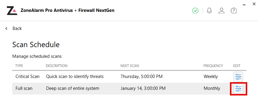 Set a scheduled scan – ZoneAlarm Support Center