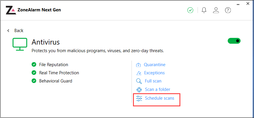 Set a scheduled scan – ZoneAlarm Support Center